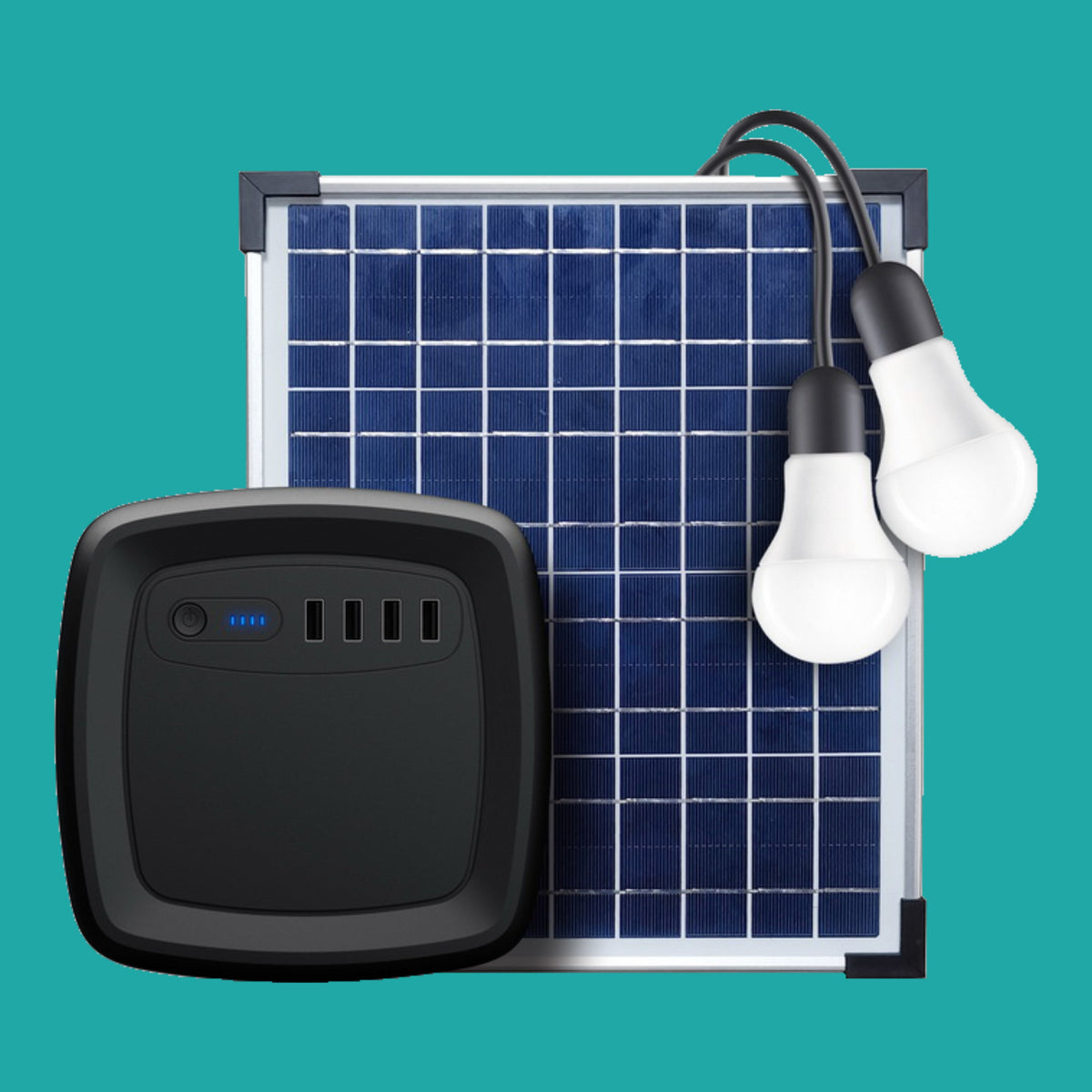 Mini-Solarsystem LS06: Akku: 58Wh, USB-Anschlüsse, LED-Lampe – innomate